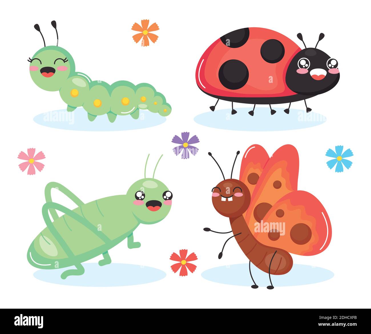 cartoon cute insects and flowers around over white background, colorful ...