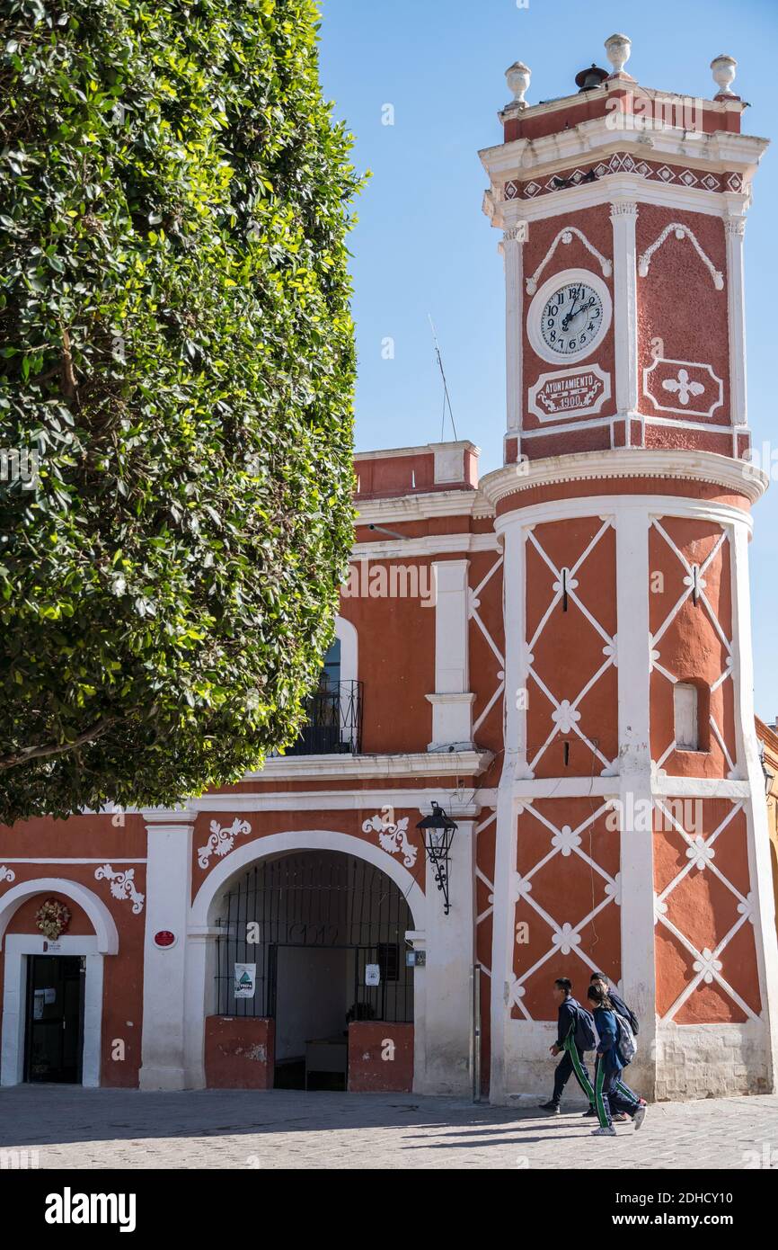 The colonial style town hall decorated in red and white in the town ...
