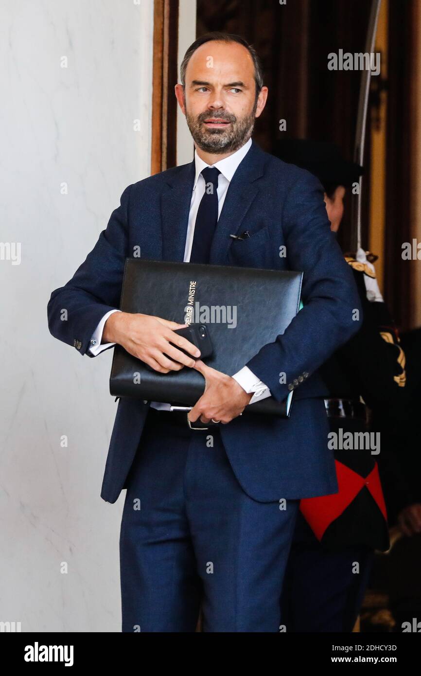 Prime Minister Edouard Philippe leaving the Elysee Palace following the ...