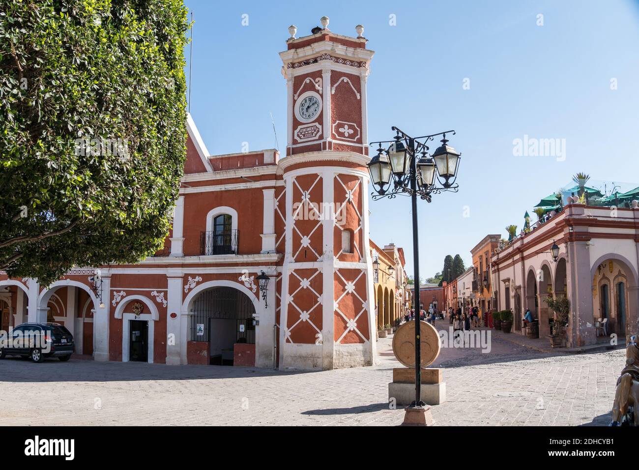 The colonial style town hall decorated in red and white in the town ...