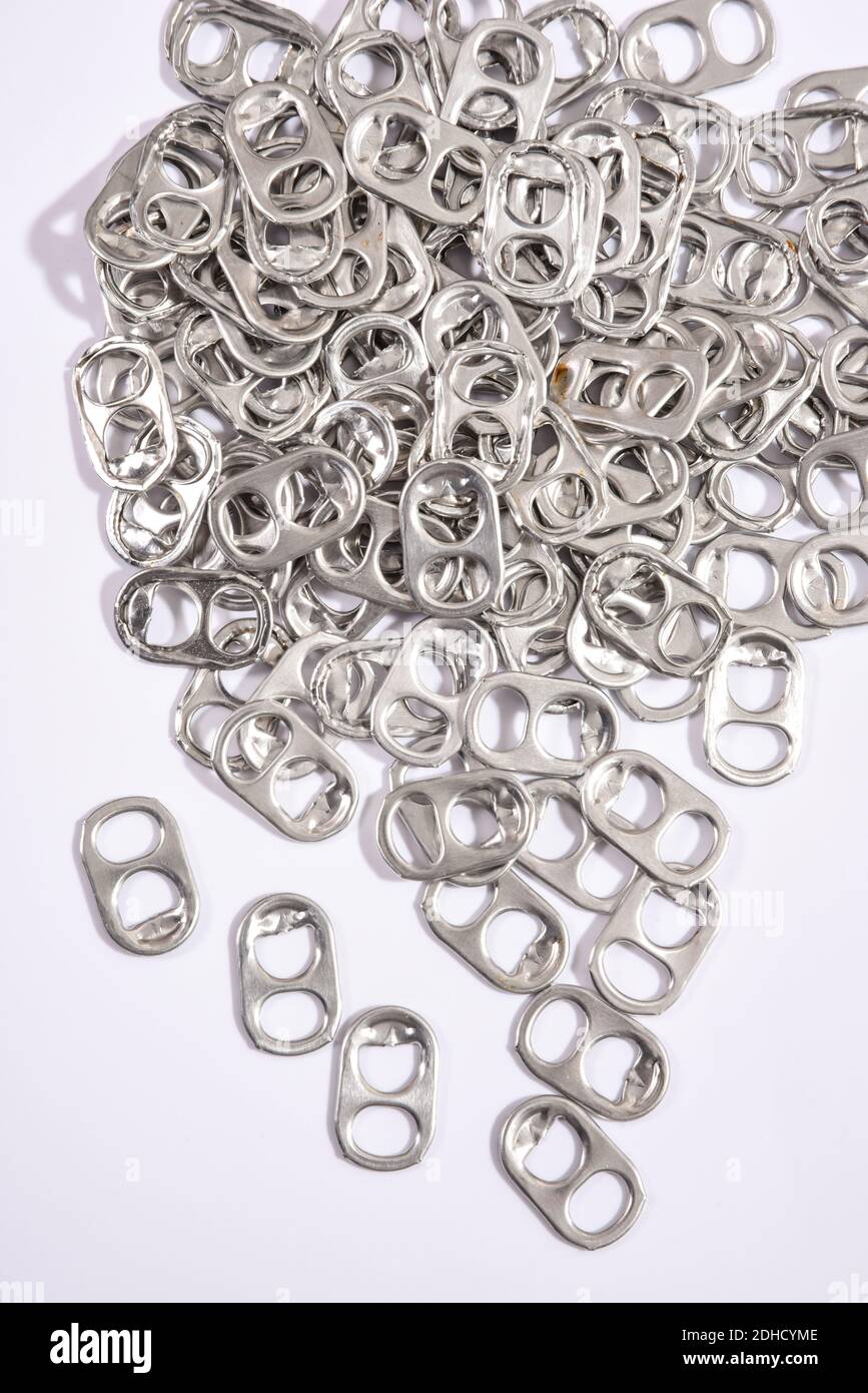 Close up of rings pull aluminum of soda or beer can isolate on white ...