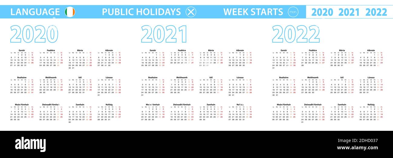 Simple calendar template in Irish for 2020, 2021, 2022 years. Week ...