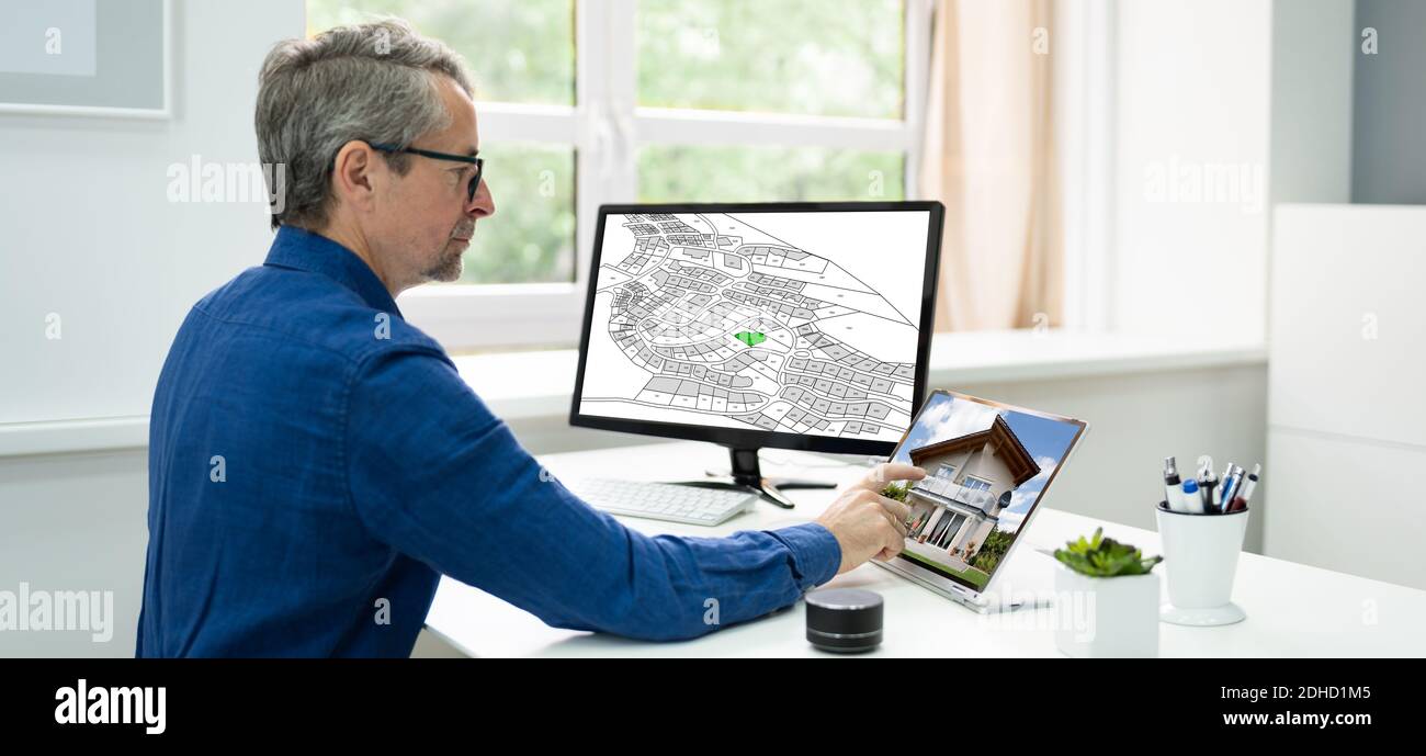 Cadastral Survey Map On Office Computer. Land Valuation Stock Photo - Alamy