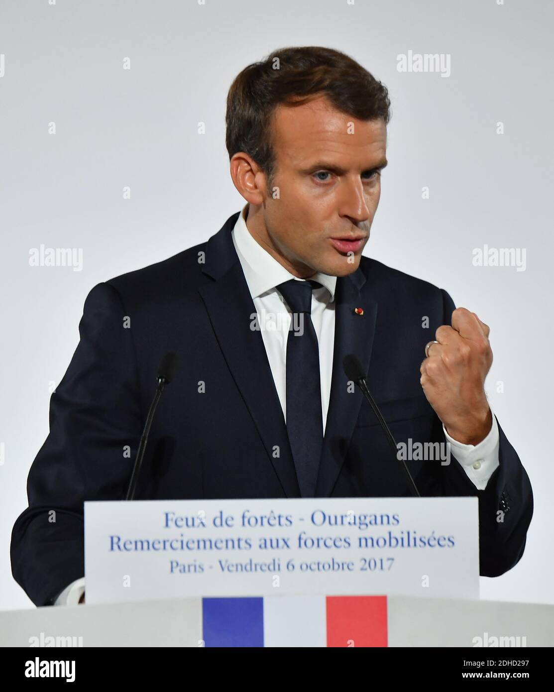 French President Emmanuel Macron delivers a speech thanking ...