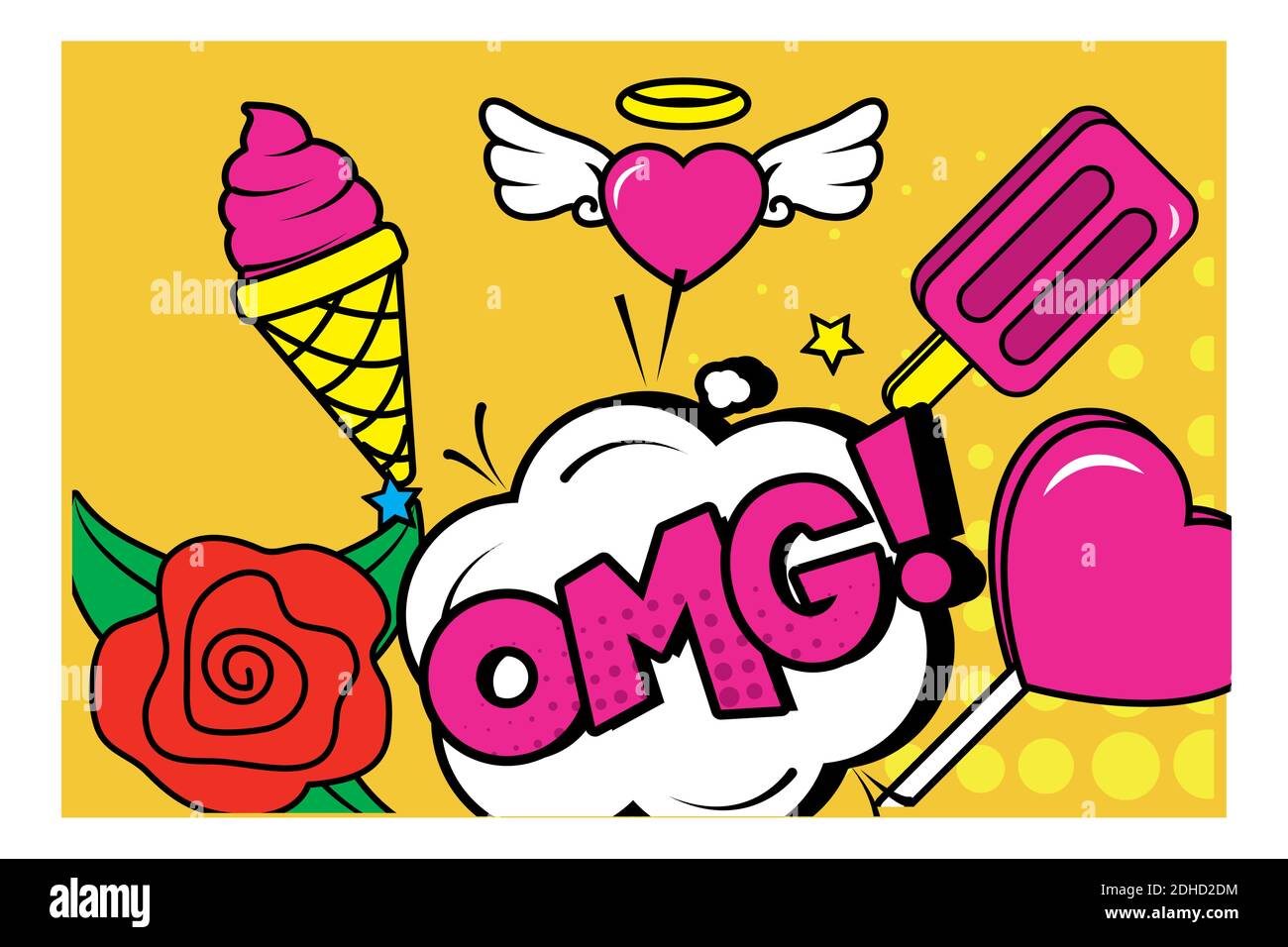 pop art omg explosion bubble with set of icons design of retro ...