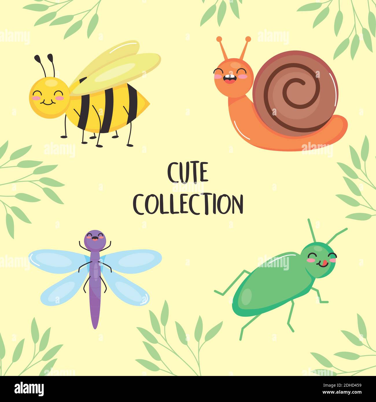 cute insects collection and leaves around over yellow background ...