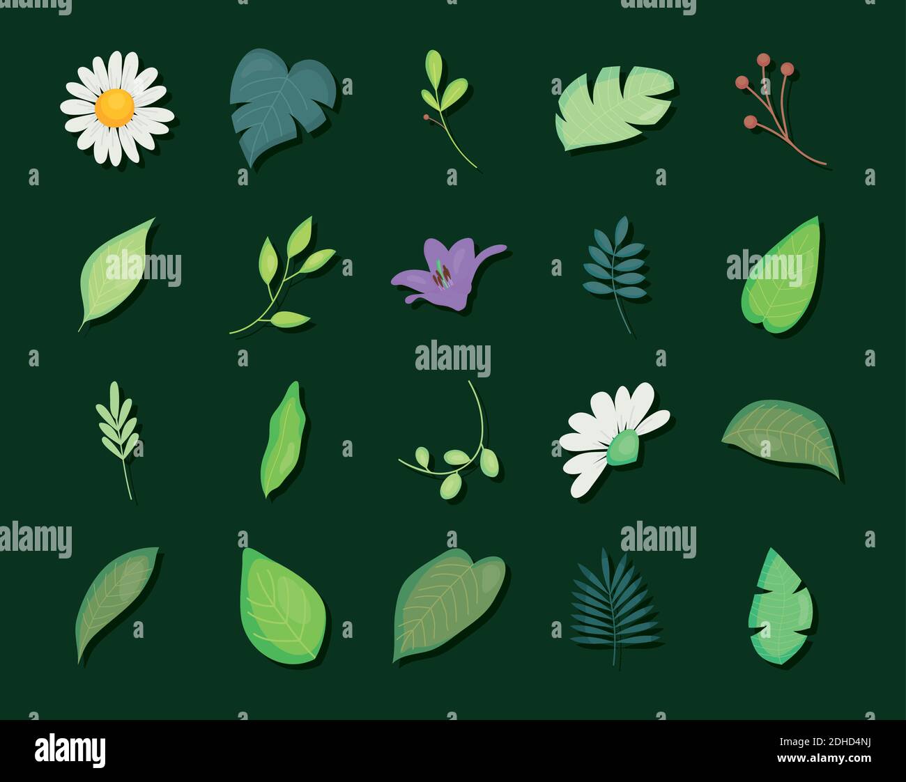 leaves and flowers icon set over green background, colorful design ...