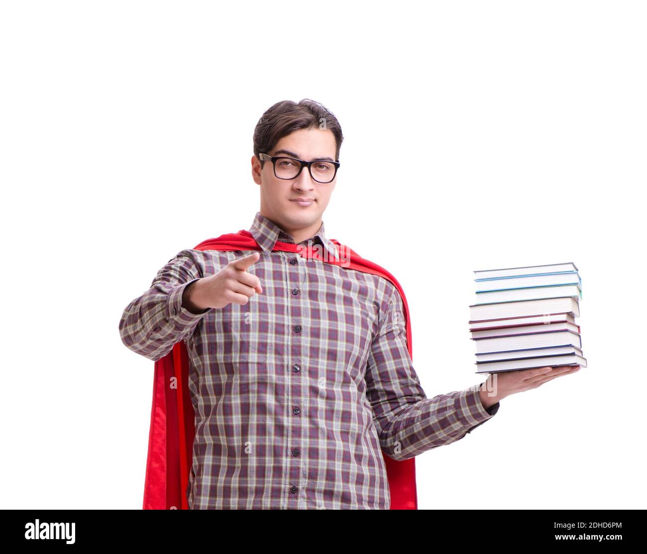 Super hero student with books isolated on white Stock Photo - Alamy