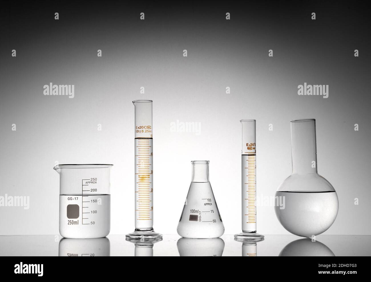 A closeup shot of transparent laboratory flasks, beakers, and tubes ...