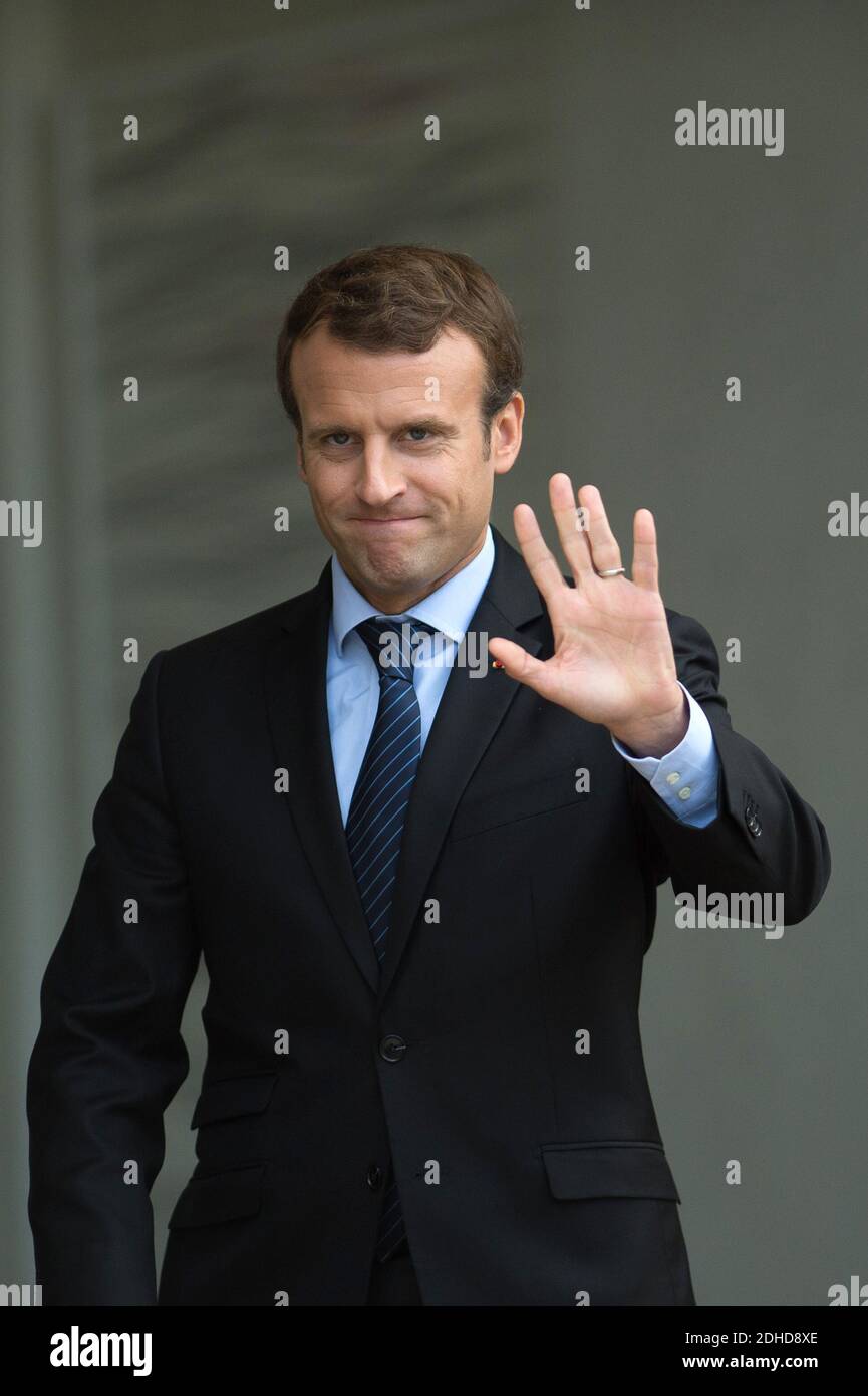 French President Emmanuel Macron gestures at the Elysee Palace in Paris ...