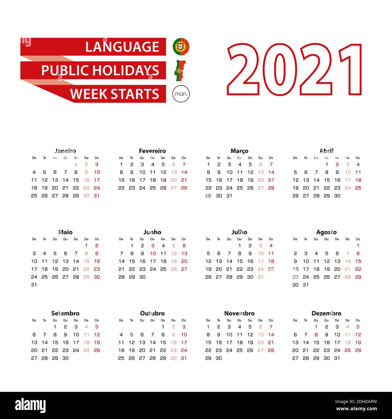 Calendar 2021 in Portuguese language with public holidays the country ...