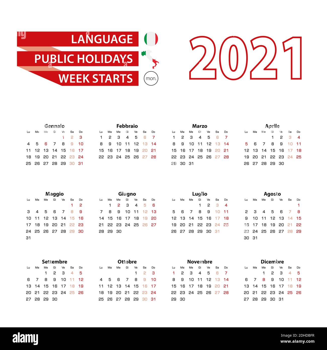 Calendar 2021 in Italian language with public holidays the country of ...