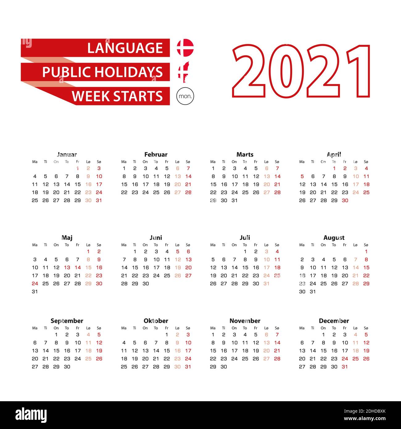 Calendar 2021 in Danish language with public holidays the country of ...