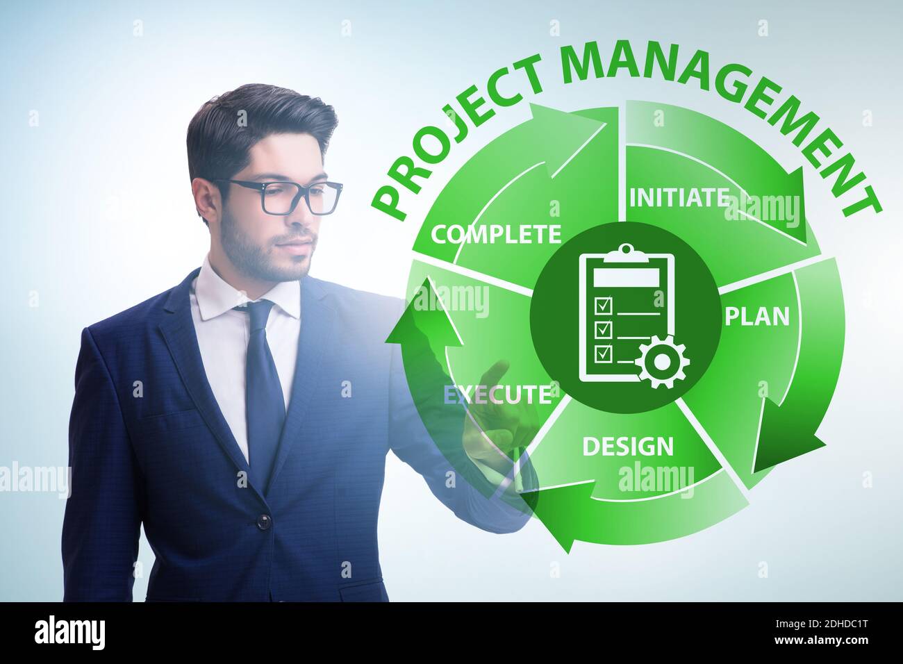 Businessman in project management different phases Stock Photo - Alamy