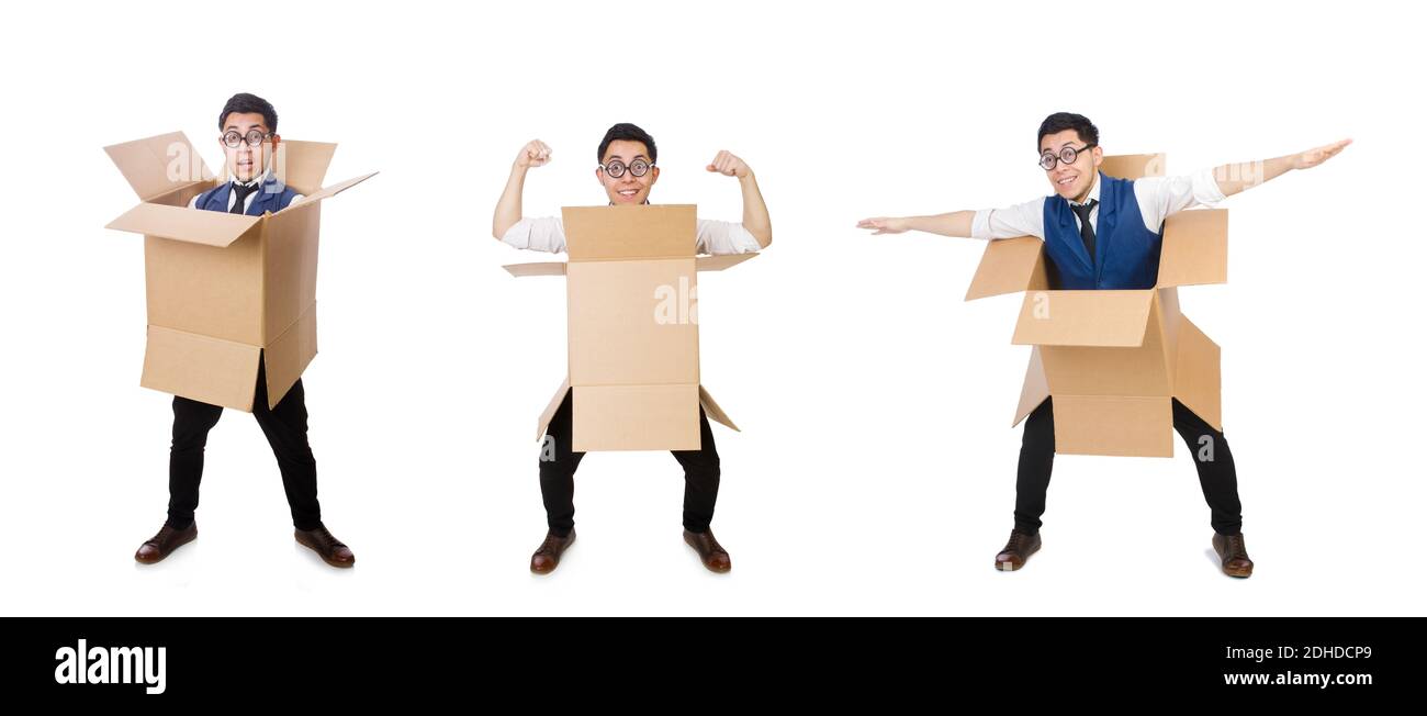 Man in thinking outside the box concept Stock Photo - Alamy