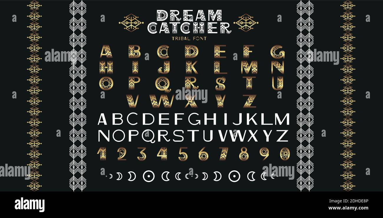 Gold tribal Alphabet. Letters, numbers and symbols in geometric ethnic ...