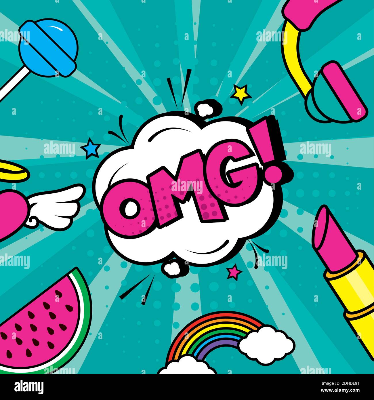 pop art omg explosion bubble with icon set design of retro expression ...