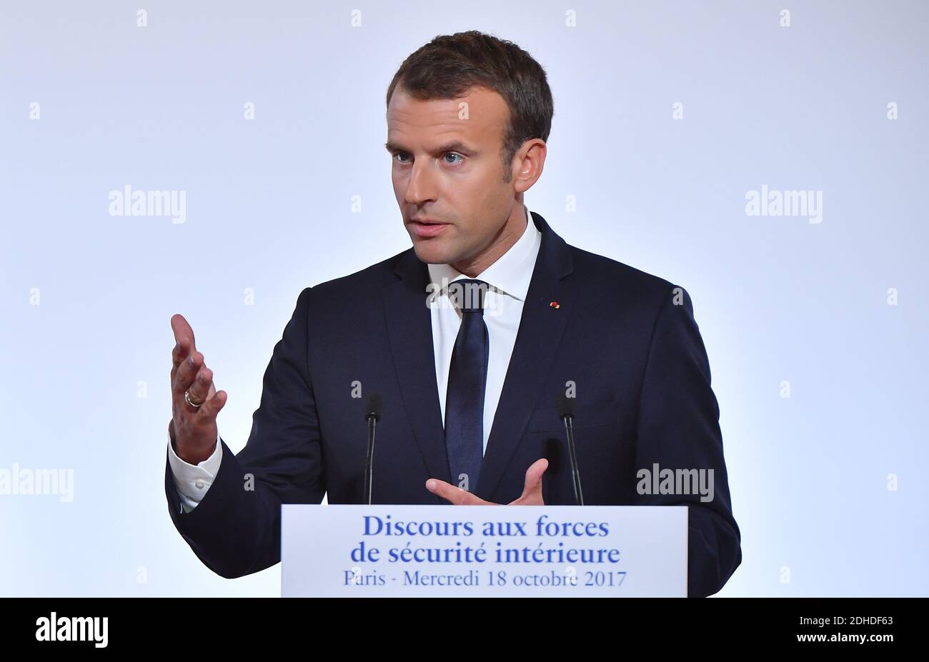French President Emmanuel Macron delivers a speech on security to ...