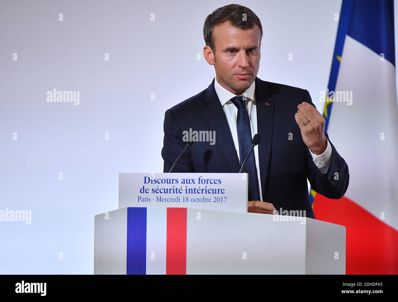 French President Emmanuel Macron delivers a speech on security to ...