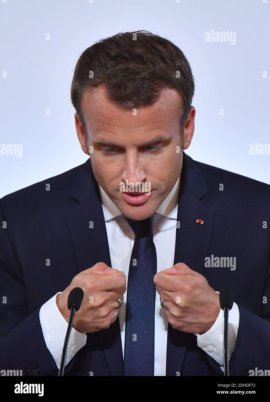 French President Emmanuel Macron delivers a speech on security to ...