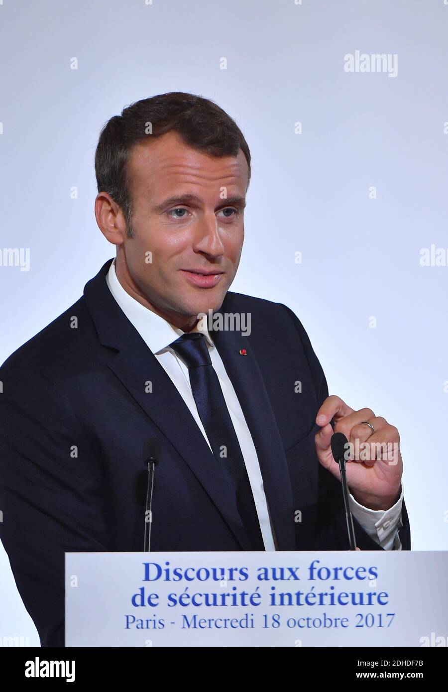 French President Emmanuel Macron delivers a speech on security to ...