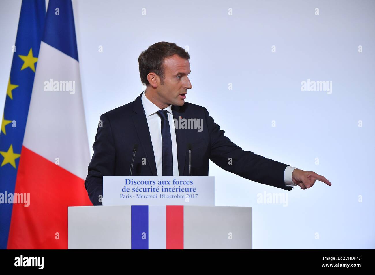 French President Emmanuel Macron delivers a speech on security to ...