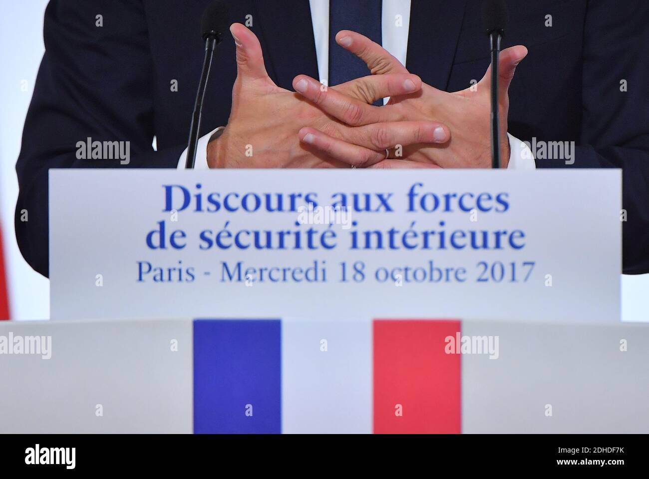 French President Emmanuel Macron delivers a speech on security to ...