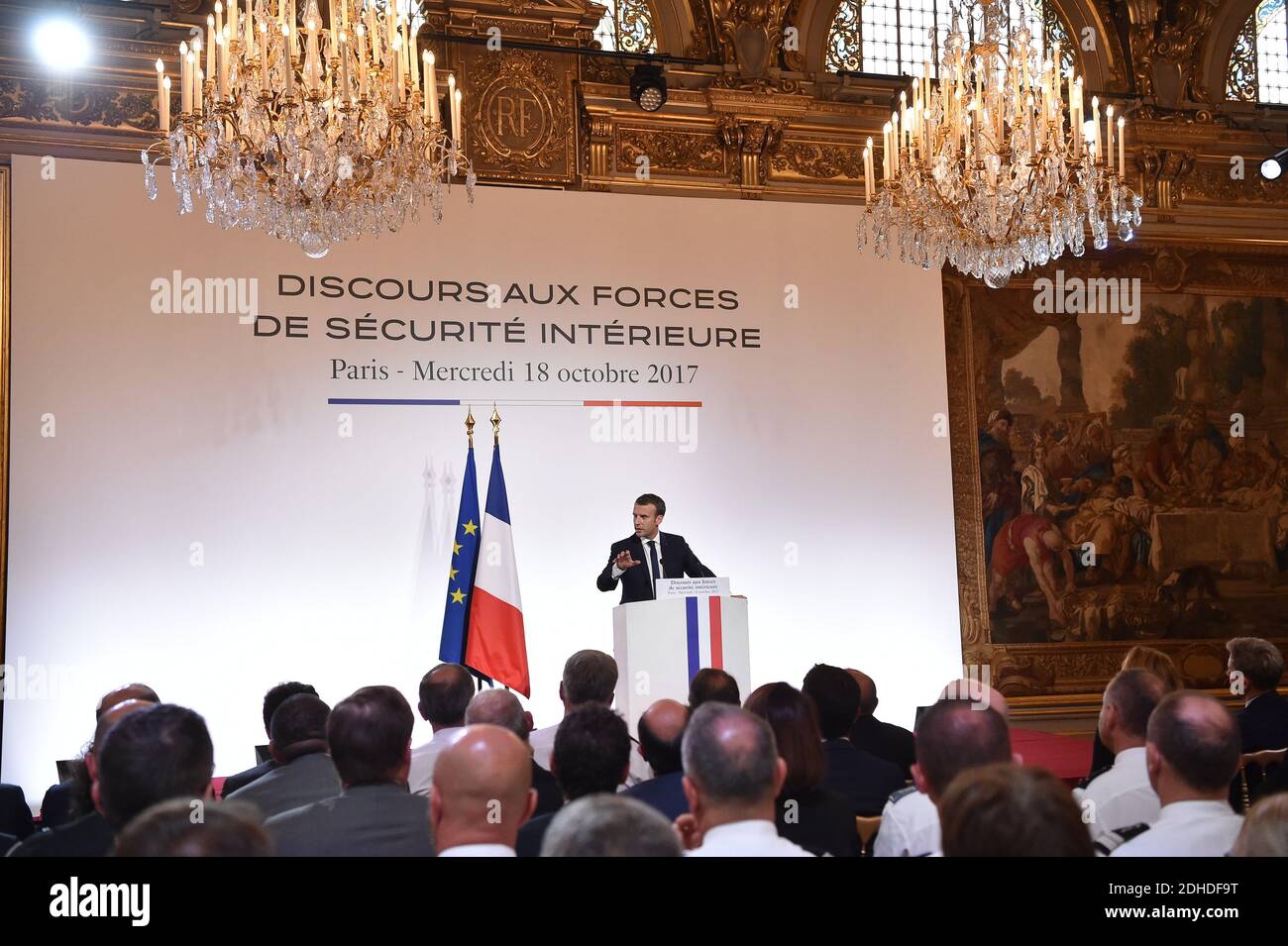 French President Emmanuel Macron delivers a speech on security to ...