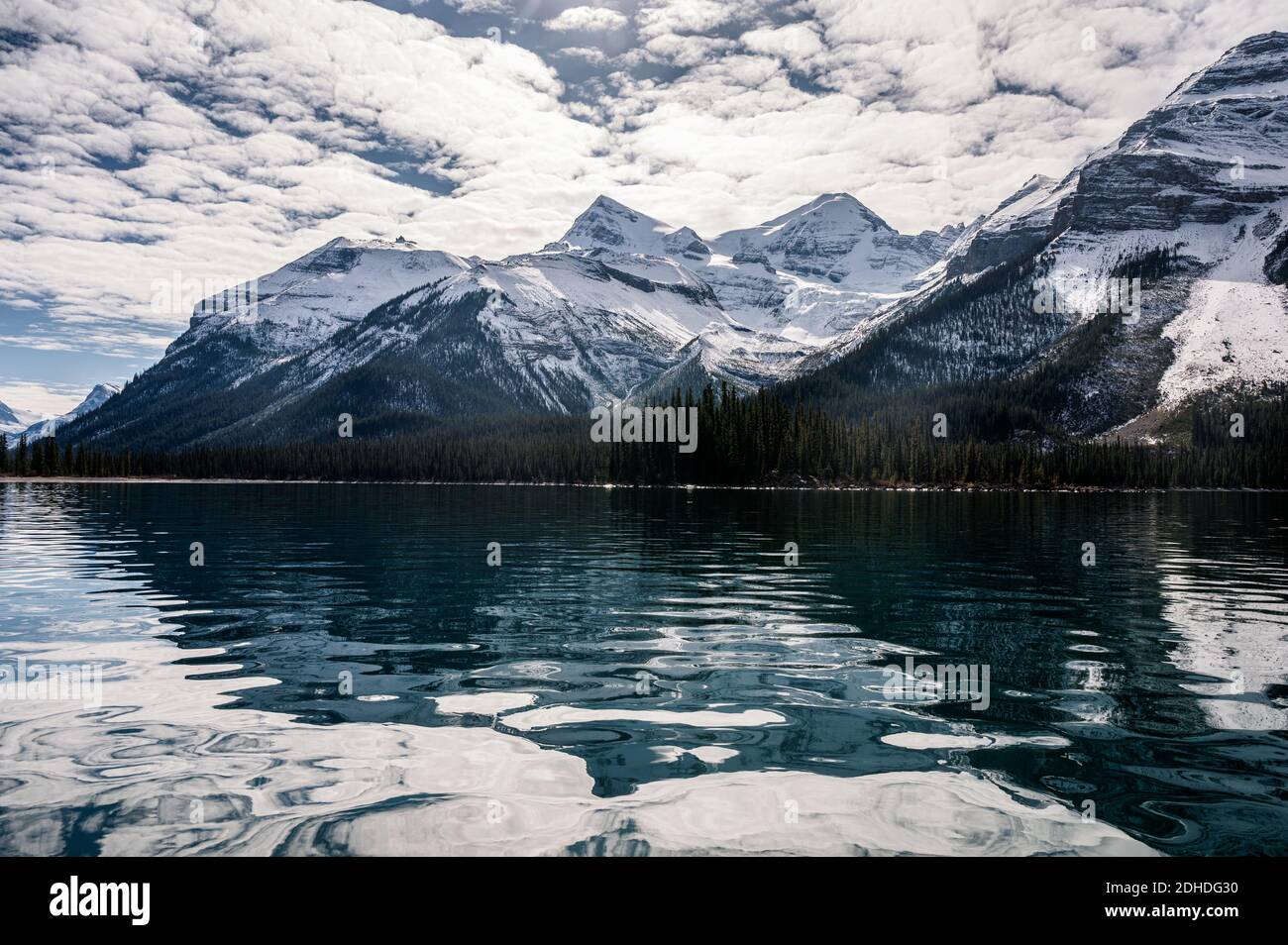 Canadian Rockies with cloud sky reflection on Maligne Lake at Jasper national park, Canada Stock ...