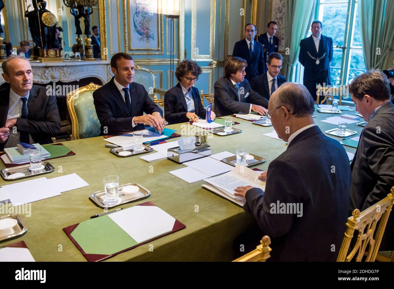 French president Emmanuel Macron (2-L) meets Yukiya Amano (B), director ...