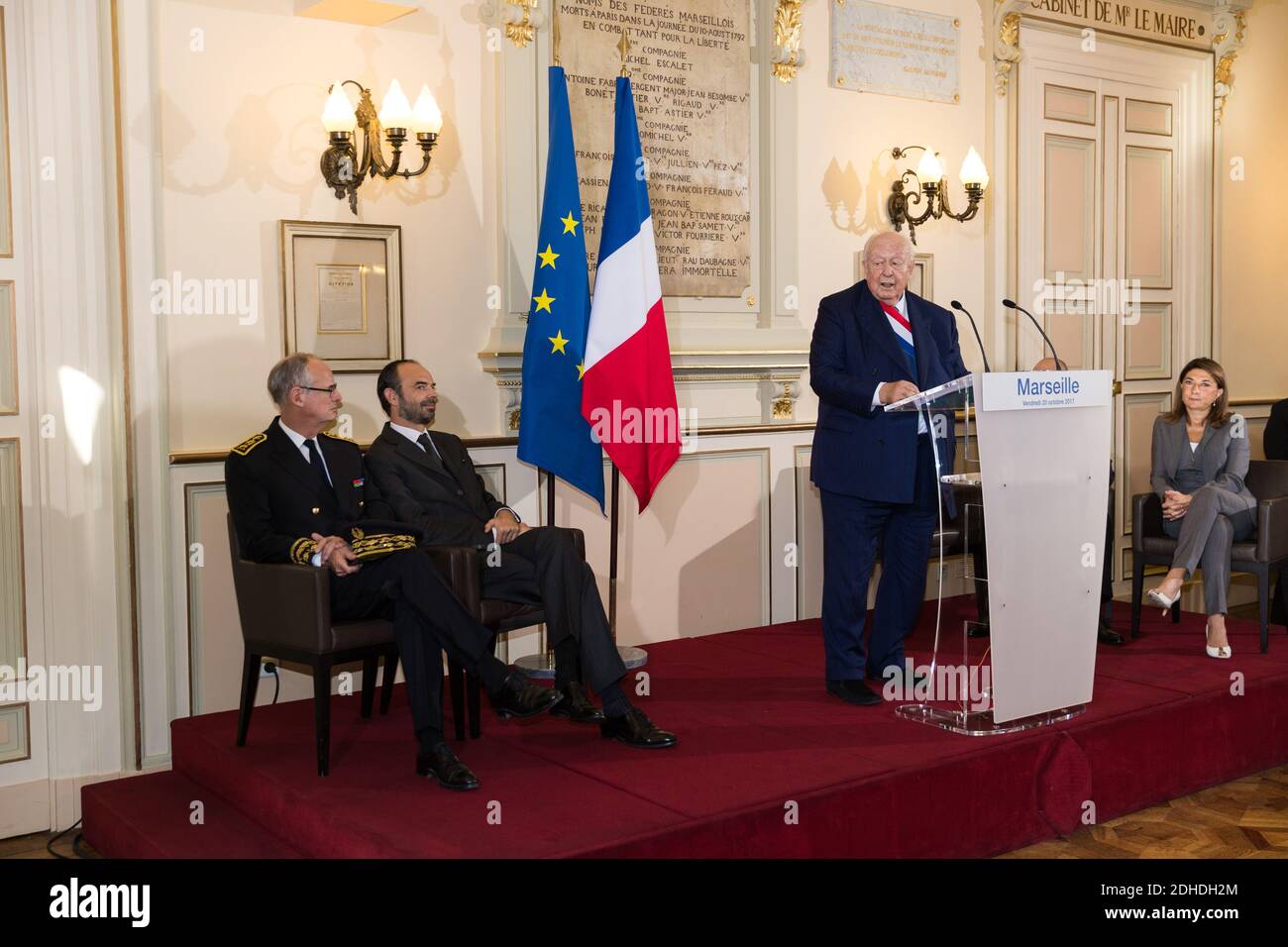Mayor of Marseille Jean Claude Gaudin delivers a speech at the city ...