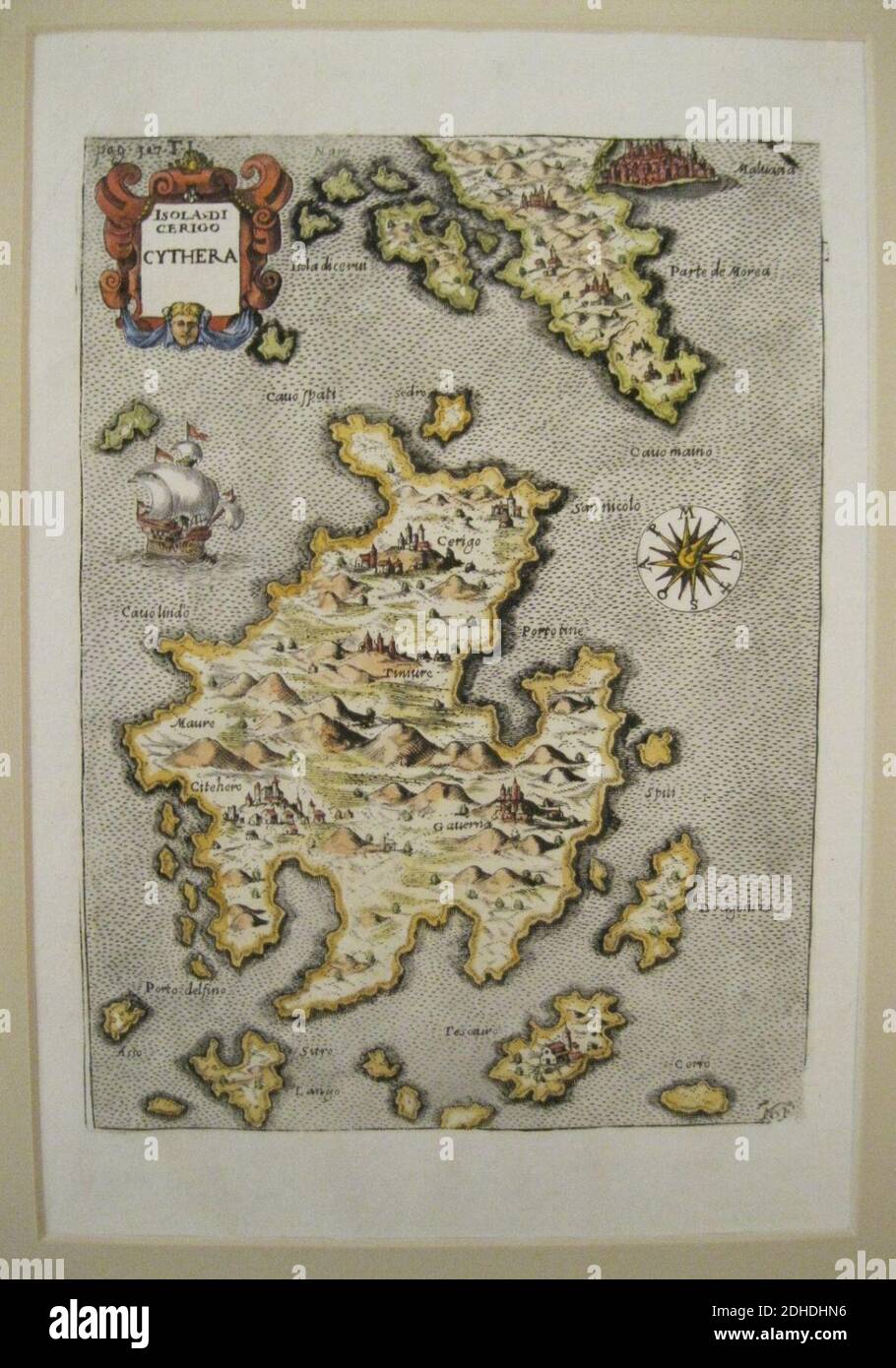 Kythera 16 century map by Natale Bonifazio with modern hand coloring ...