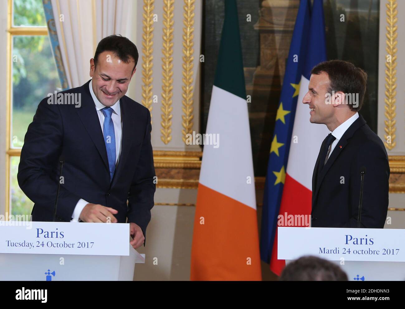 French President Emmanuel Macron shakes hand with Irish Prime Minister ...