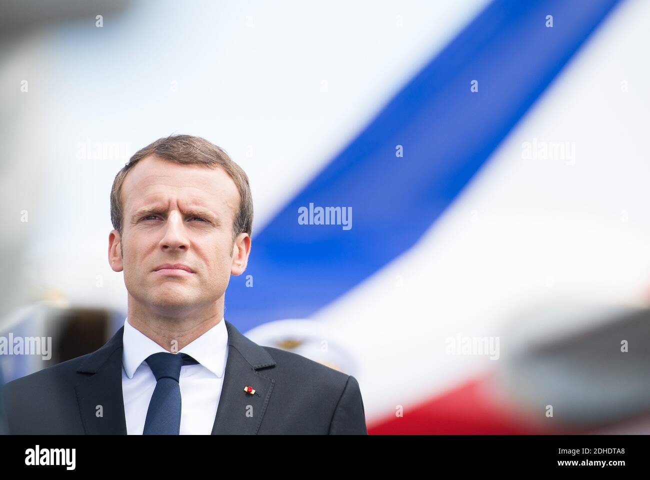 French President Emmanuel Macron, with french republic plane, arrives ...