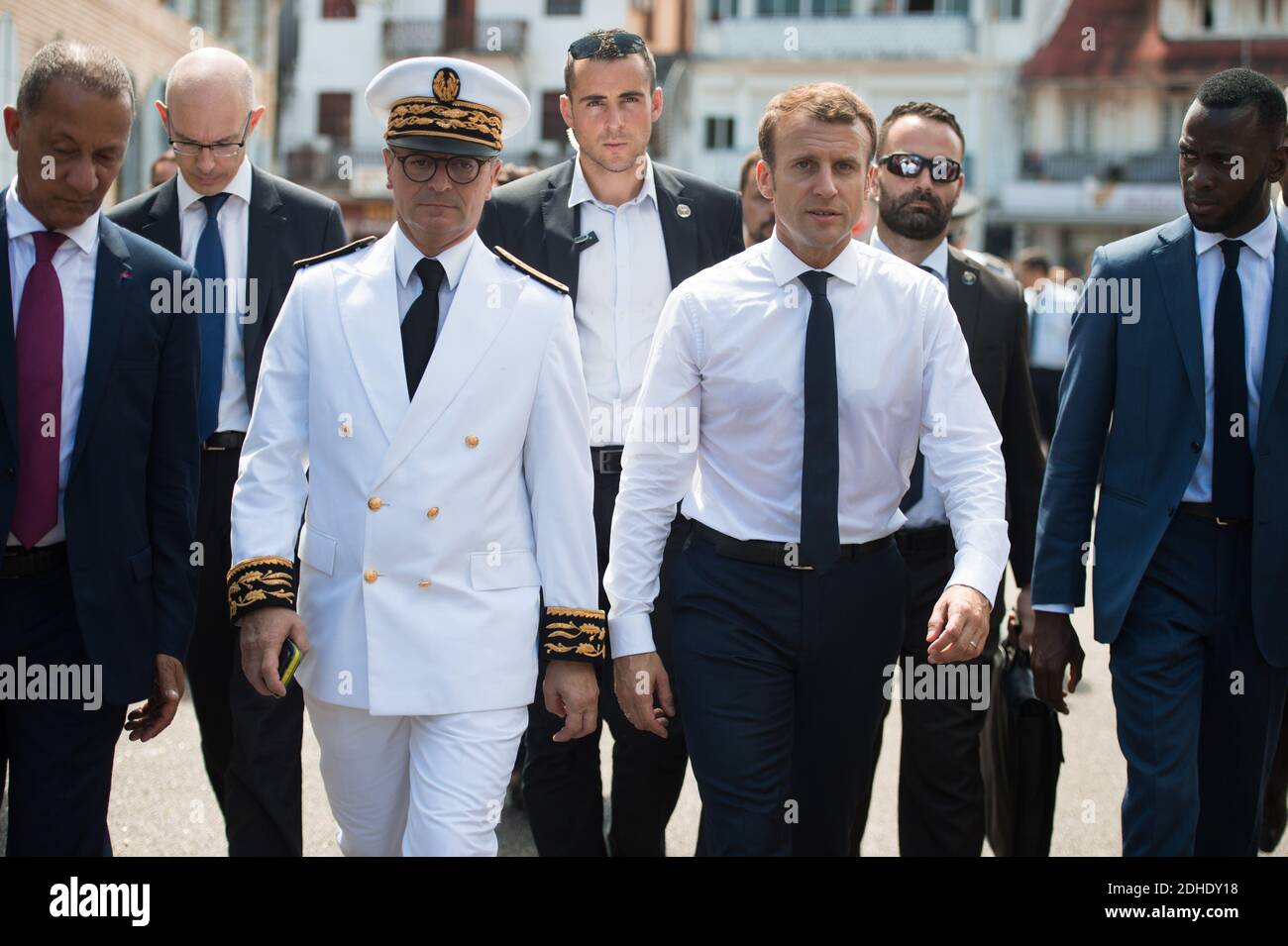 French President Emmanuel Macron walks with Guiana Prefet Patrice Faure ...