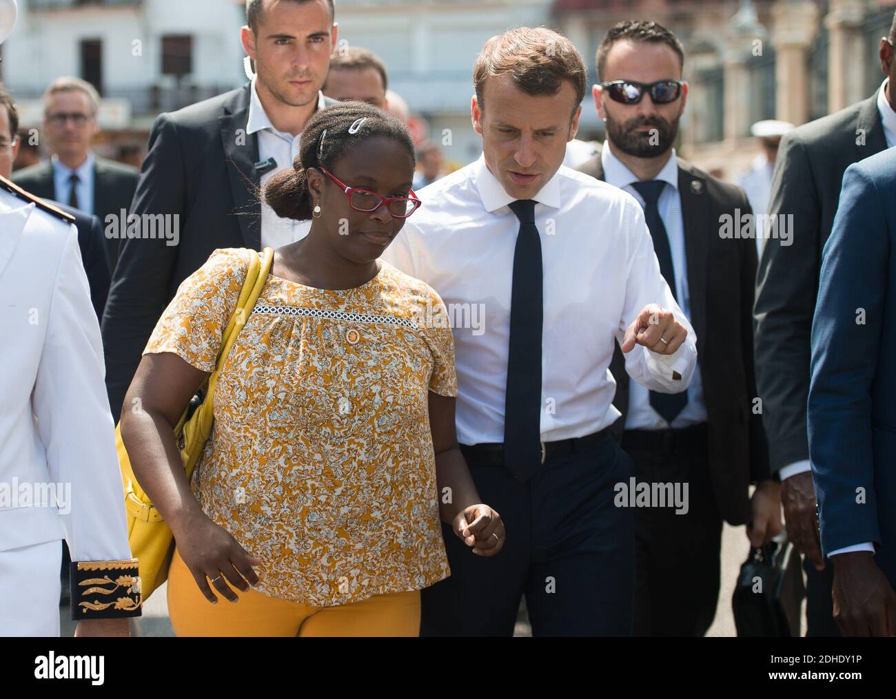 French President Emmanuel Macron with Sibeth Ndiaye, head of the public ...