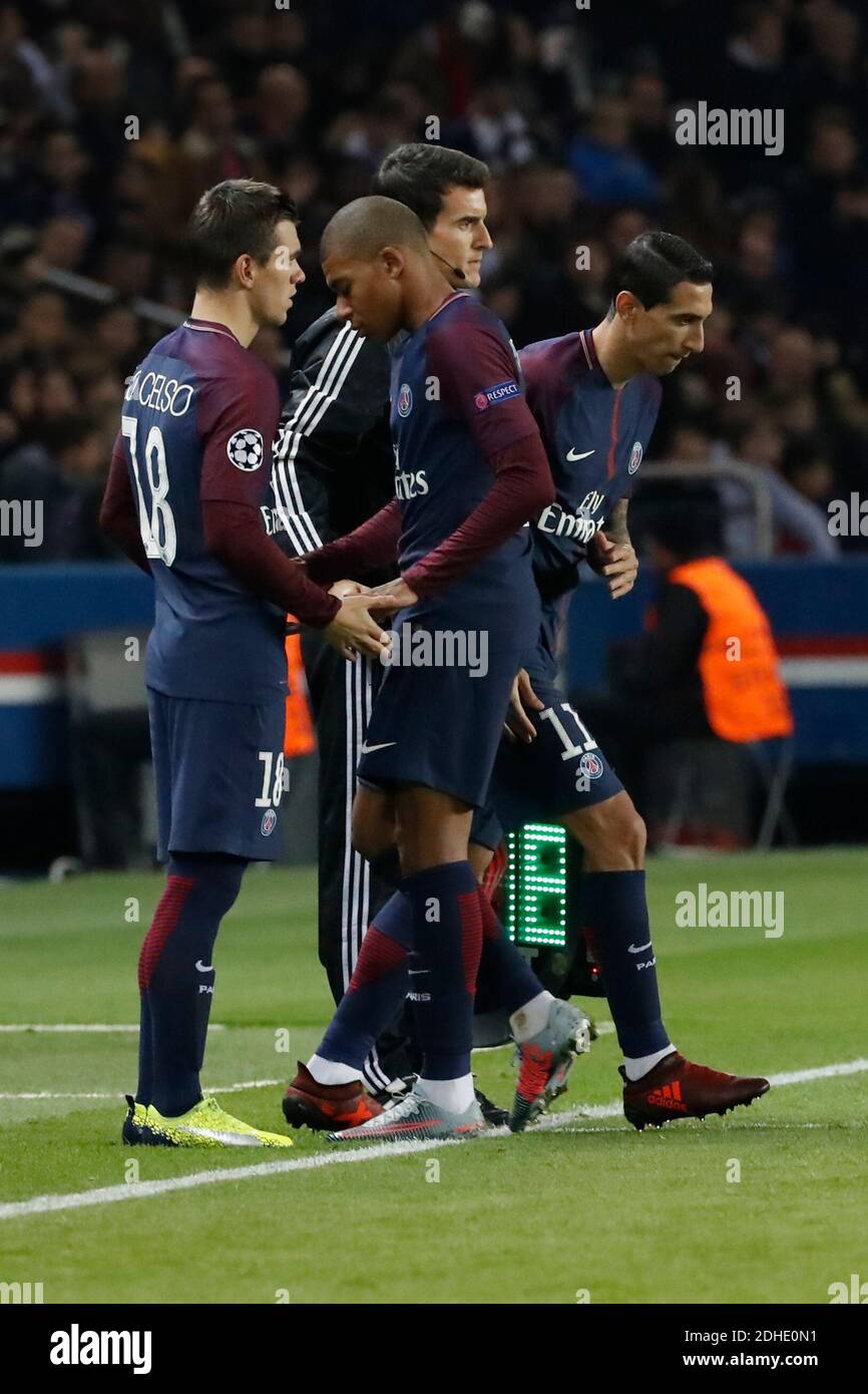 PSG's Kylian Mbappe is replaced by Angel Di Maria during the Group ...