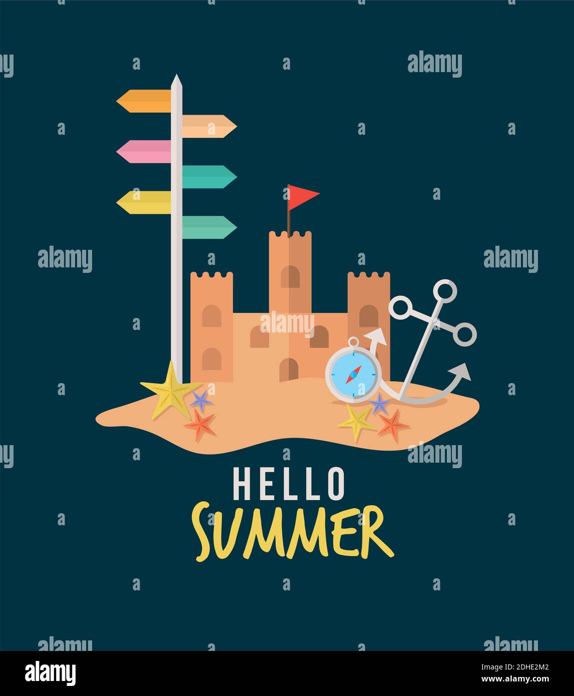 hello summer lettering with set of summer icons in a blue background ...