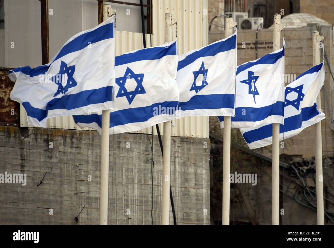 Very high resolution late afternoon view of the Israeli flags flying in ...