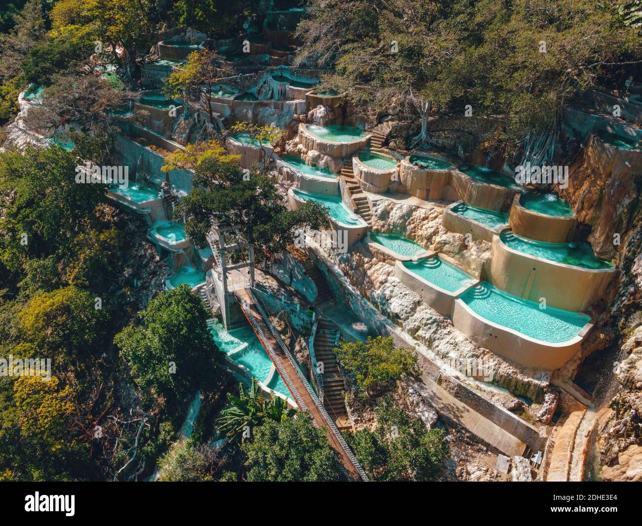 Aerial drone view of incredible mountain hot springs Tolantongo Mexico ...