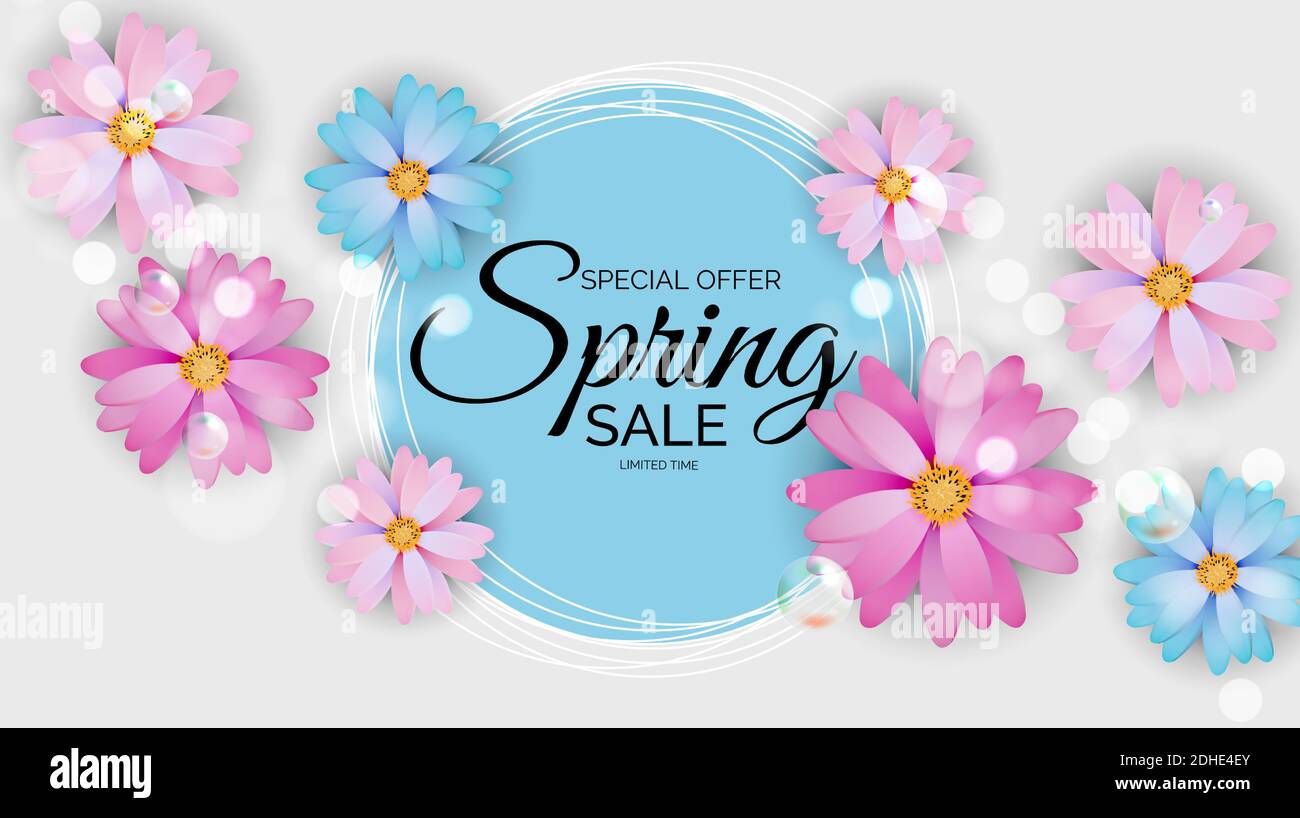 Promotion offer, card for spring sale season with spring plants, leaves ...