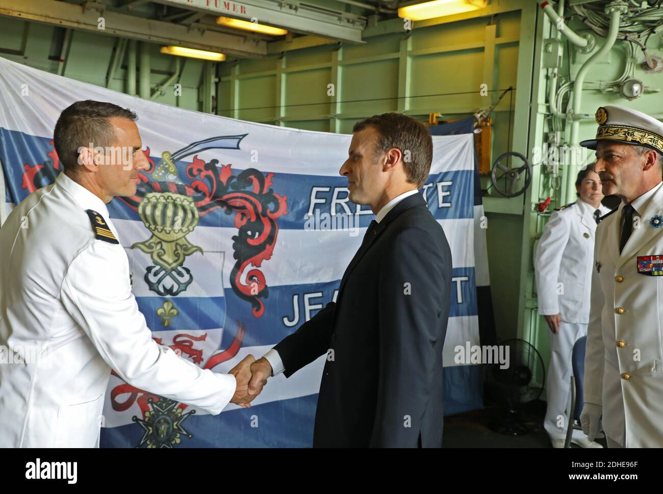 French President Emmanuel Macron is welcomed abord French warship Jean ...