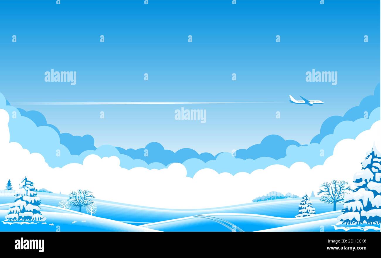 Blue sky with clouds and an airplane flying over snowy landscape ...
