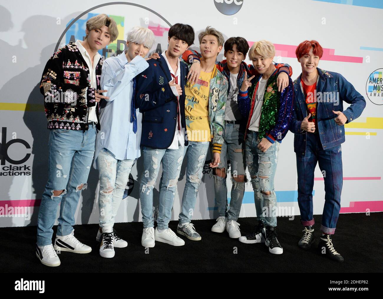 BTS poses in the press room during the 2017 American Music Awards at ...