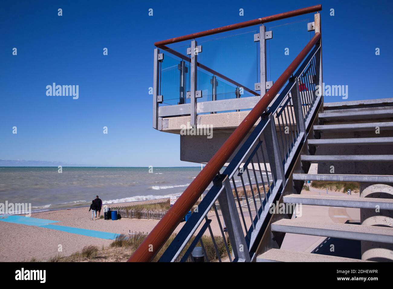 Sand Bend at Lake Huron, out of season. Observatory, beach and lake ...
