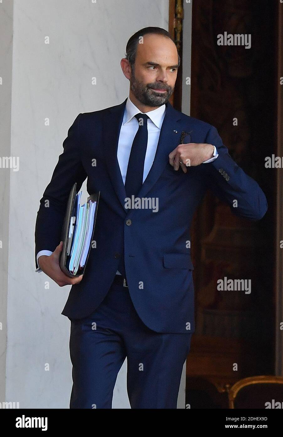 Prime Minister Edouard Philippe leaving the Elysee Palace following the ...