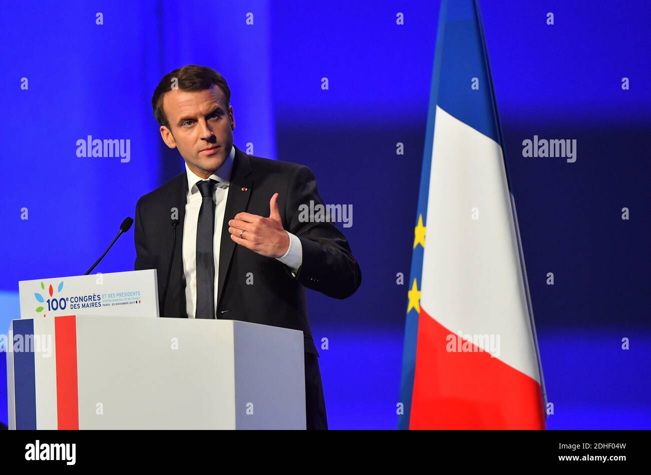 French President Emmanuel Macron delivers a speech during the 100th ...