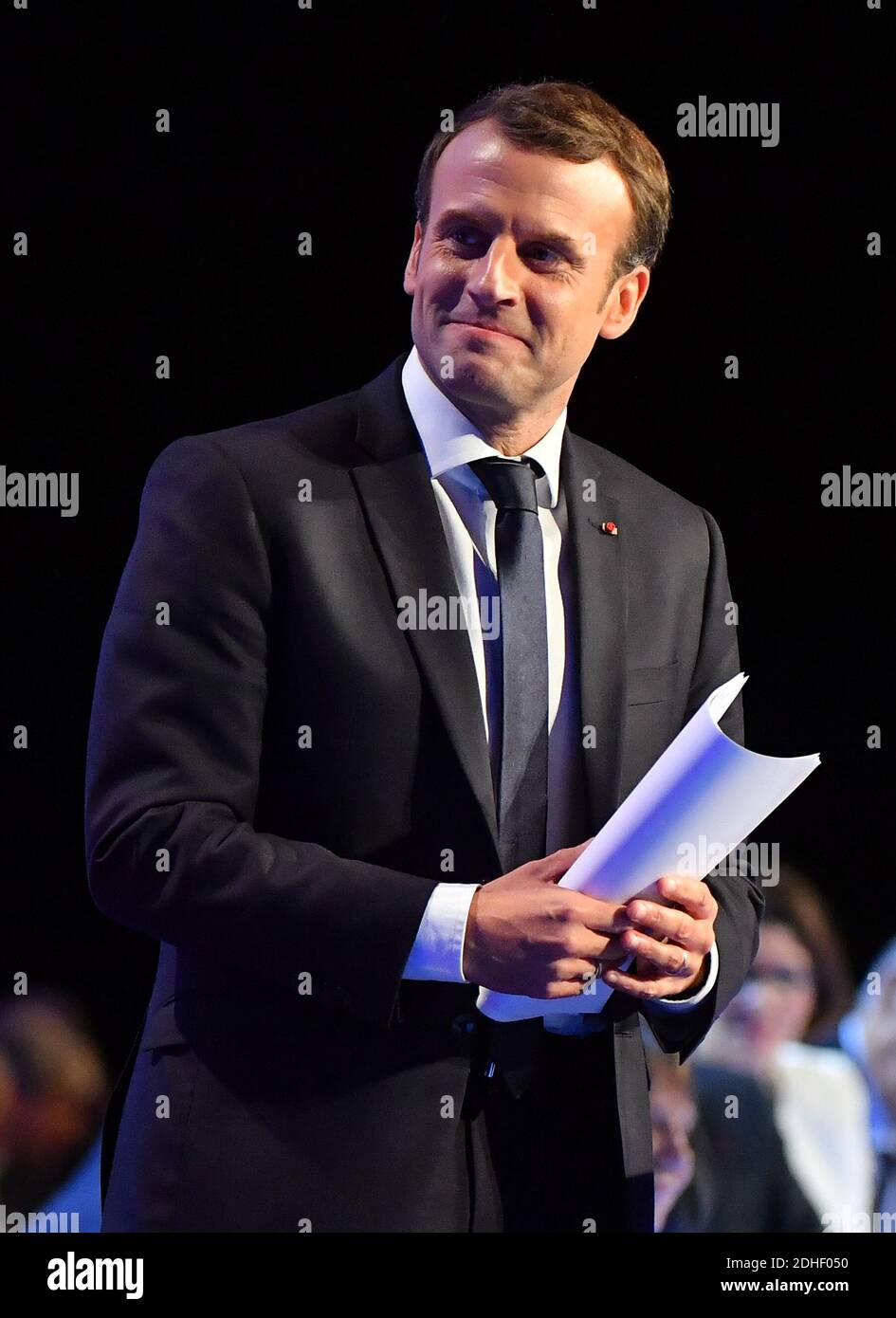 French President Emmanuel Macron delivers a speech during the 100th ...