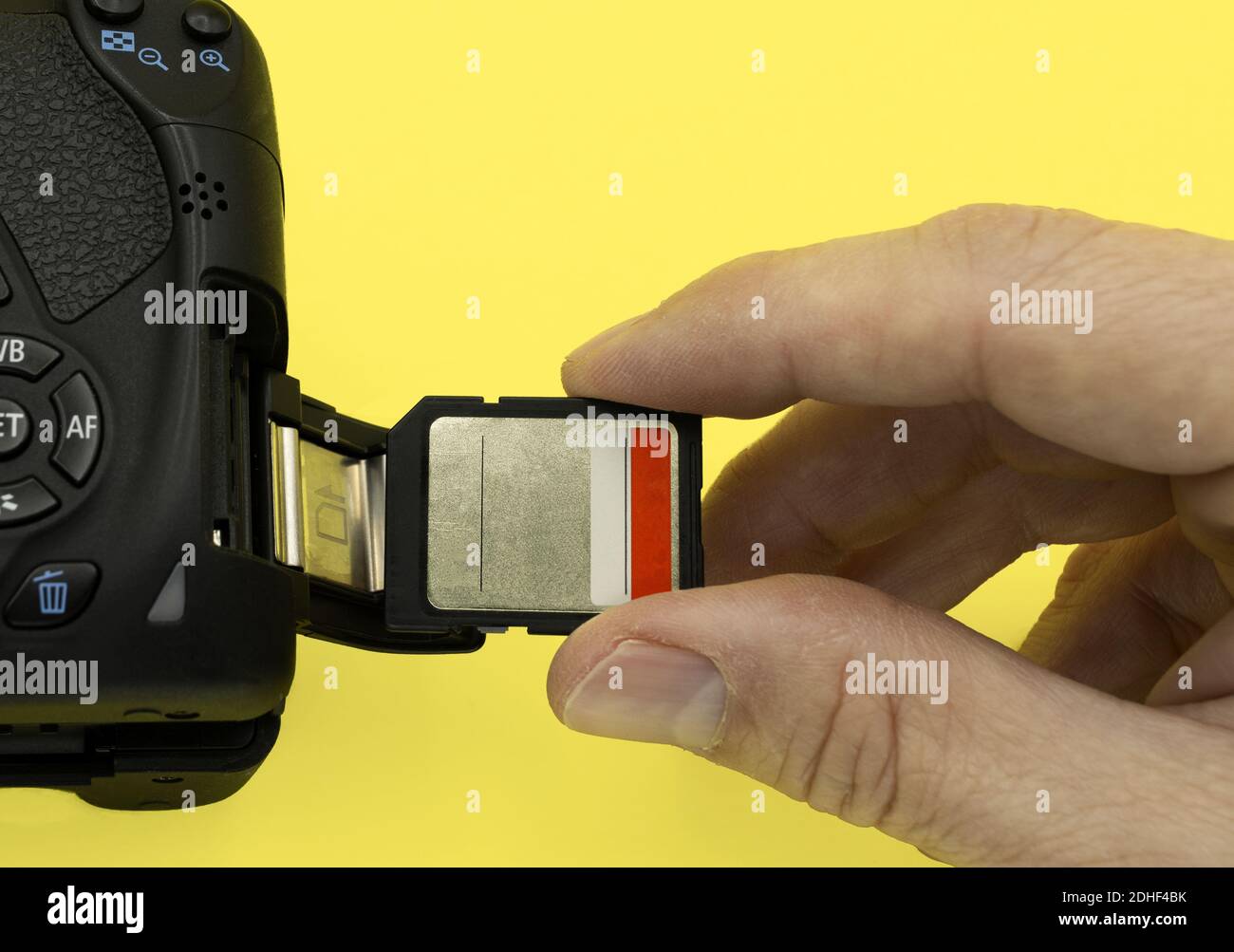 Inserting a sd type memory card into a dslr photo camera yellow ...
