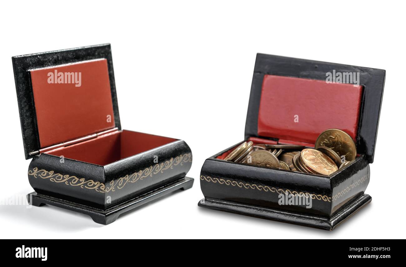 Old box with coins Stock Photo - Alamy